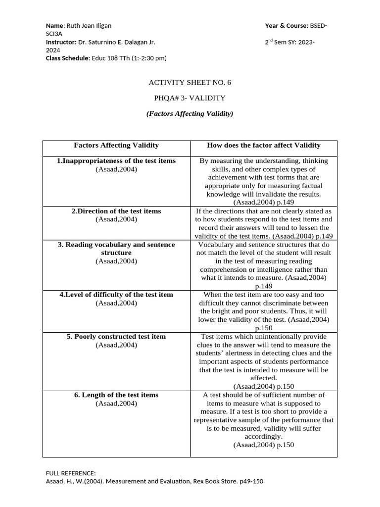 Activity No.6 Phqa# 3 Validity-Factors Affecting Validity - 2 - 2 | PDF | Reading Comprehension ...