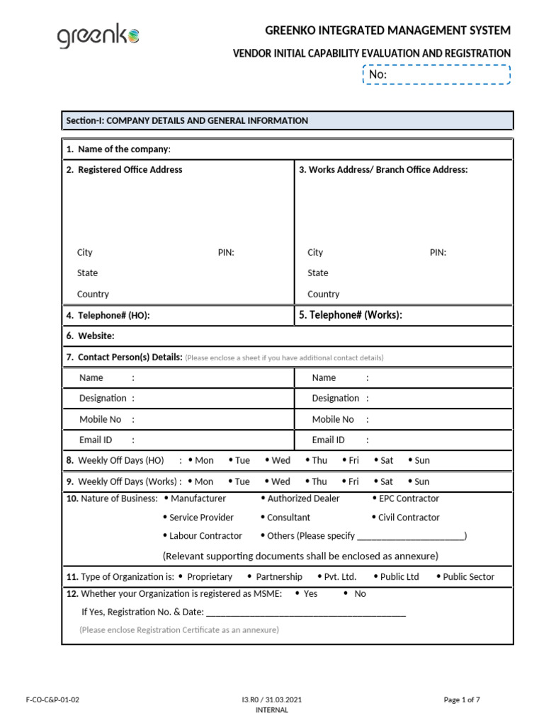 F-CO-CP-01-02 Vendor Intial Capability Evaluation and Registration | PDF | Employment | Labour Law