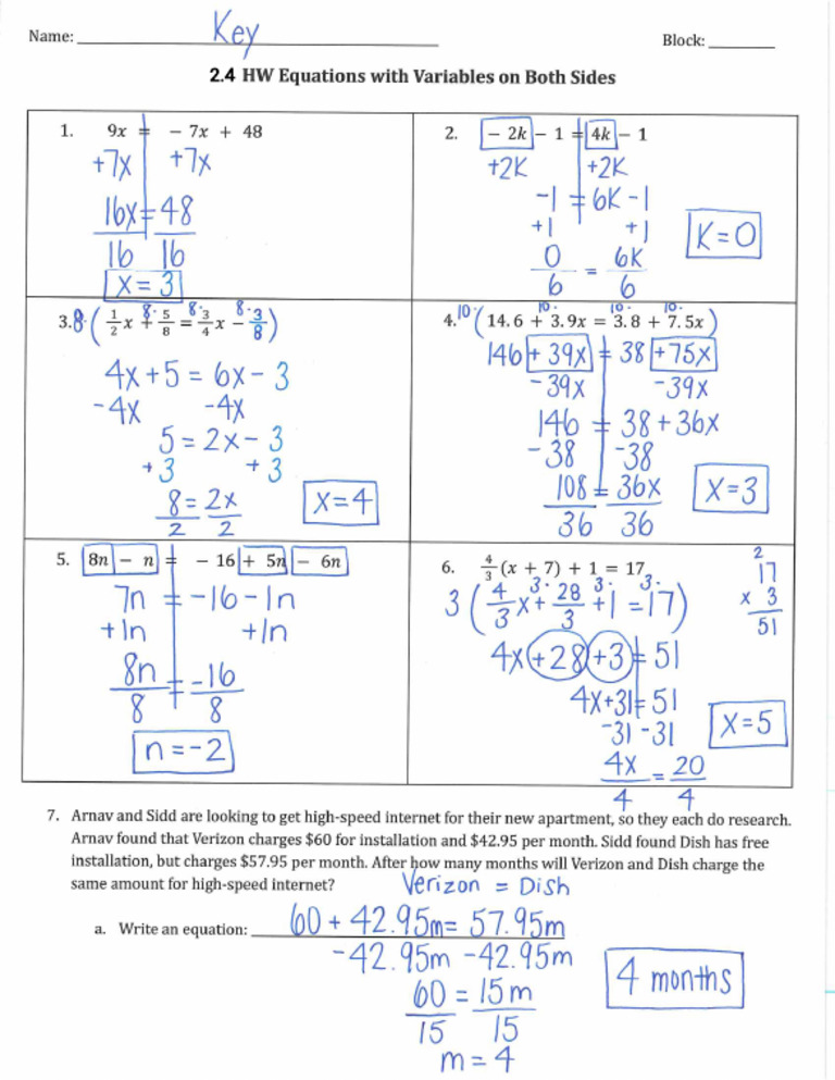 KEY 2.4 HW Equations With Variables On Both Sides | PDF