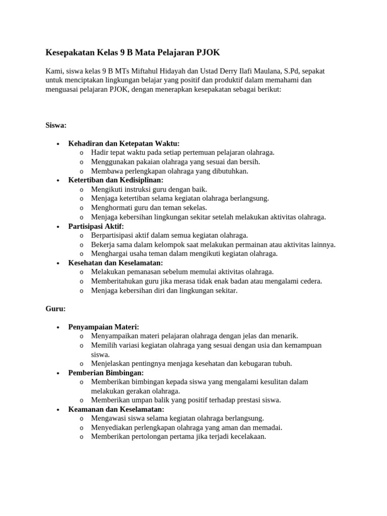 Kesepakatan Kelas 9 B Mapel PJOK | PDF