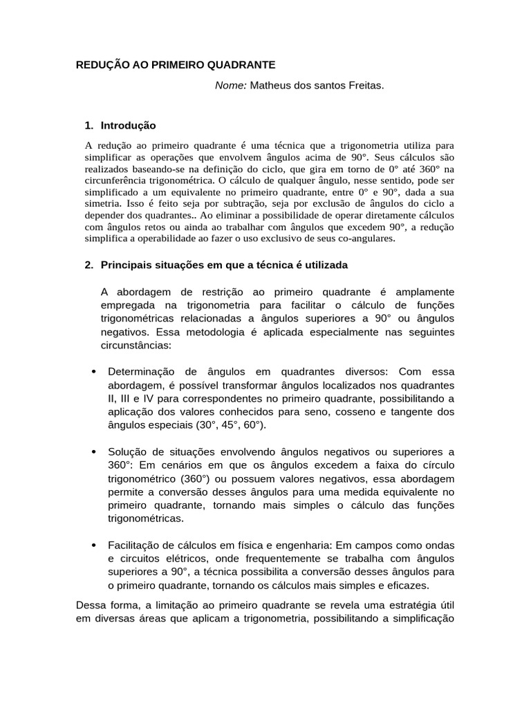 Redução Ao Primeiro Quadrante-1 | PDF | Trigonometria | Ângulo
