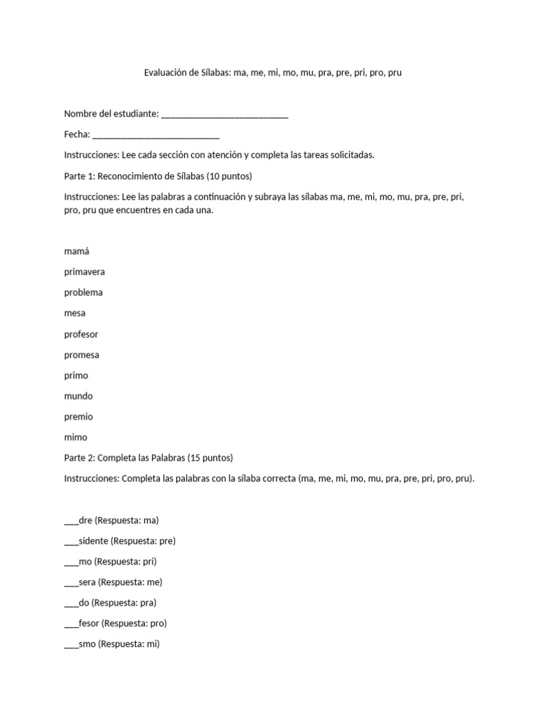Evaluación de Sílabas: ma a pru | PDF | Artes del Lenguaje y Comunicación