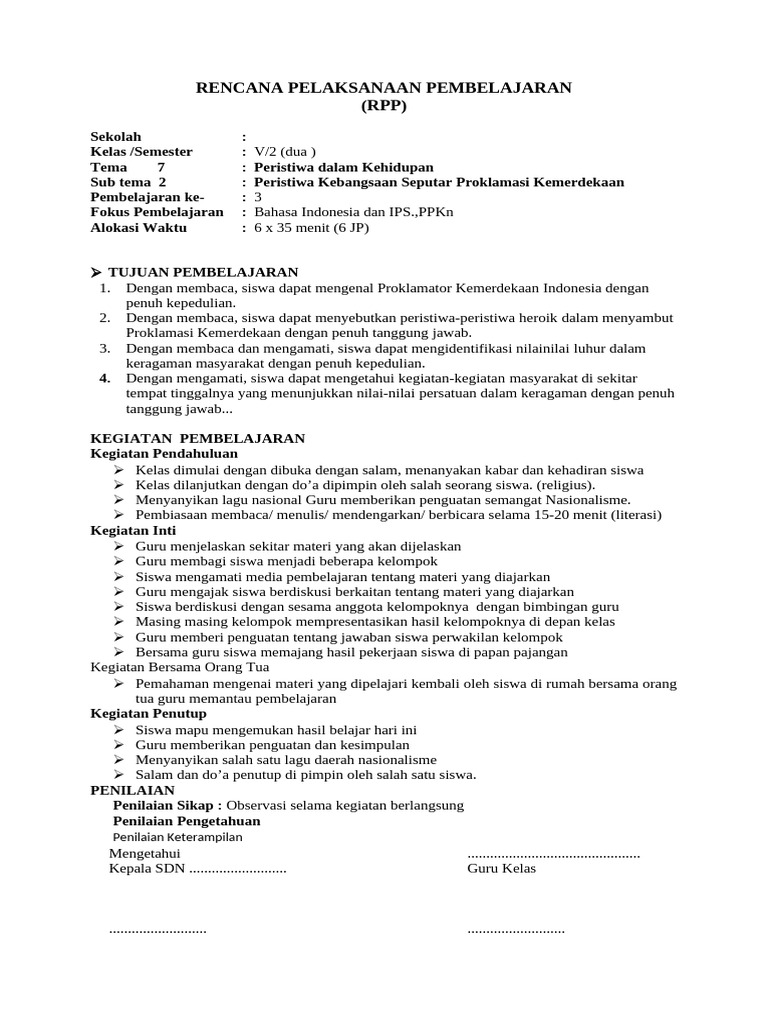 RPP 1 Lembar Kelas 5 Tema 7 Subtema 2 Pembelajaran 3 | PDF | Seni & Disiplin Bahasa | Kajian ...