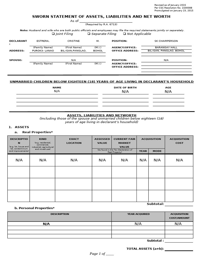 Cristine Estrera SALN | PDF | Net Worth | Business