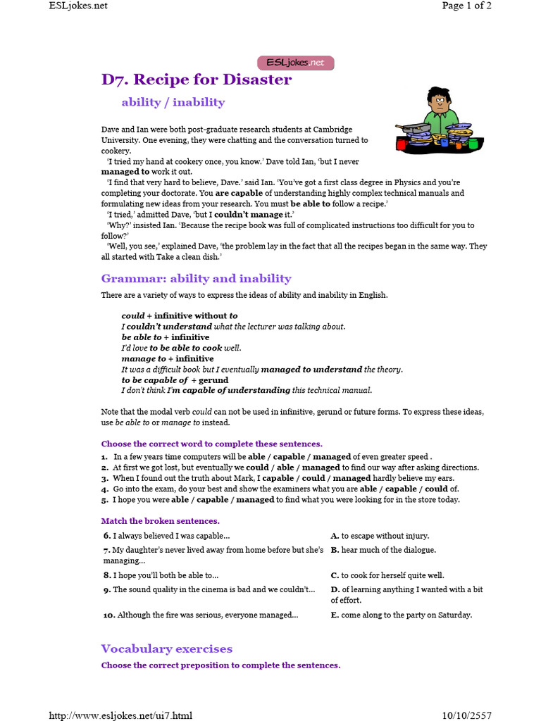 Cooking Skills: Ability vs. Inability | PDF | Language Arts & Discipline