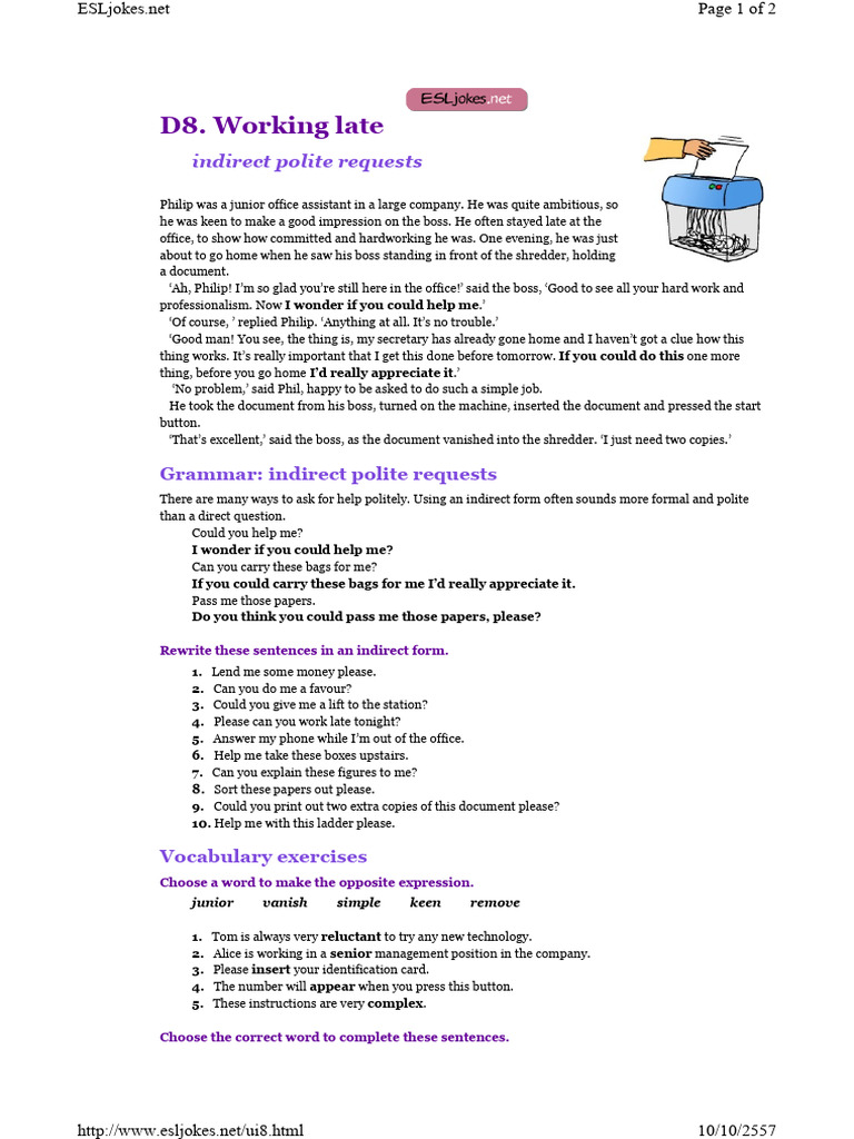 D8. Working Late - Forms For Making Polite Requests | PDF | Self-Improvement