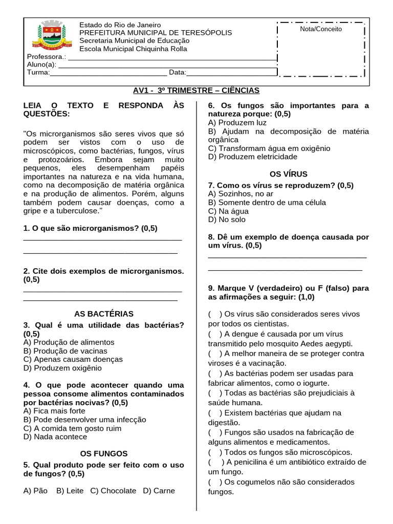 AV1 Ciencias - 3 TRIMESTRE - 4º ANO | PDF | Bactérias | Fungo