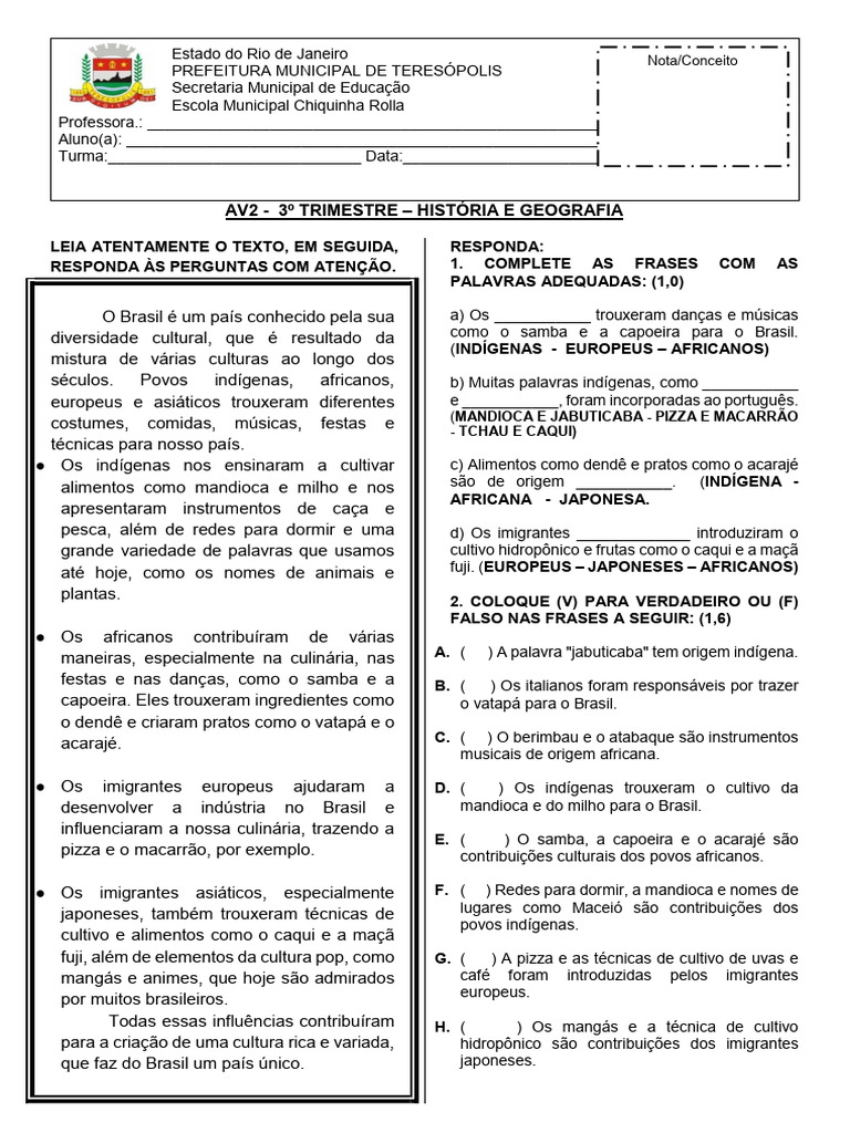 Av3 - História e Geografia | PDF | Brasil | Milho