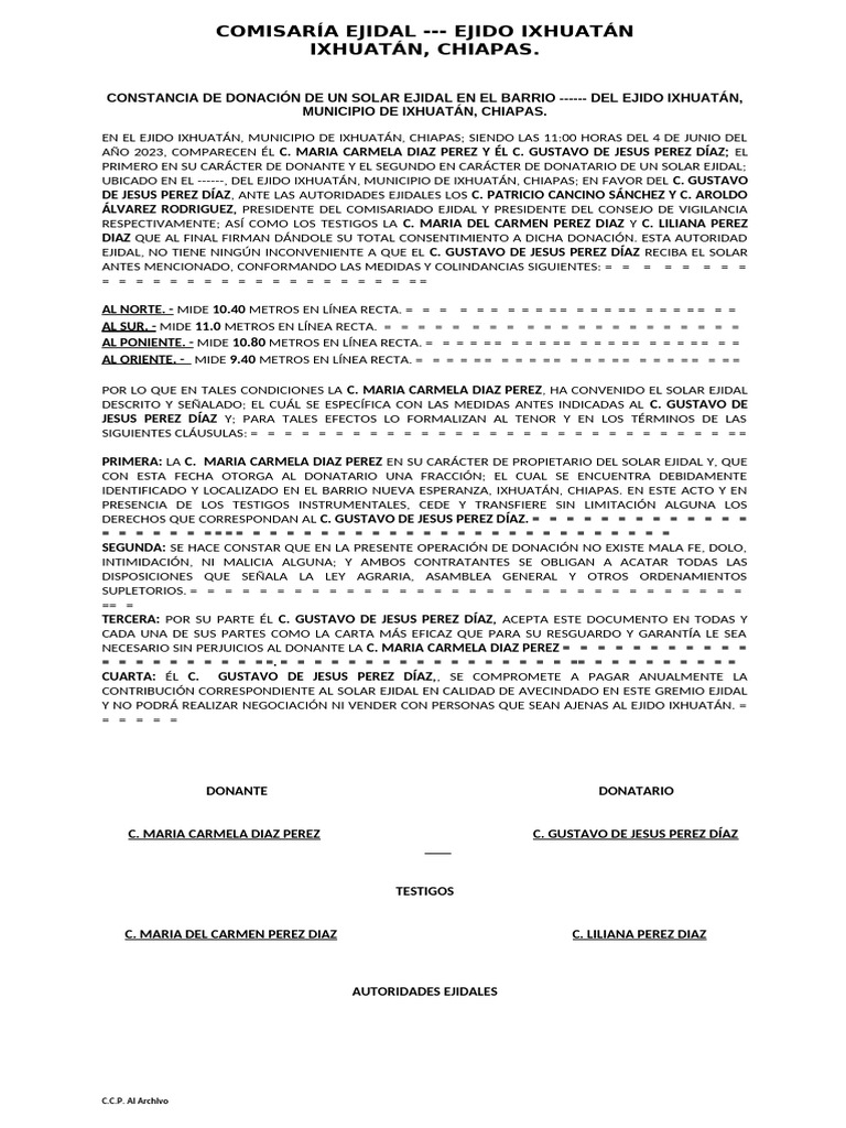 Donación de Solar Ejidal en IXHUATÁN | PDF | Donación
