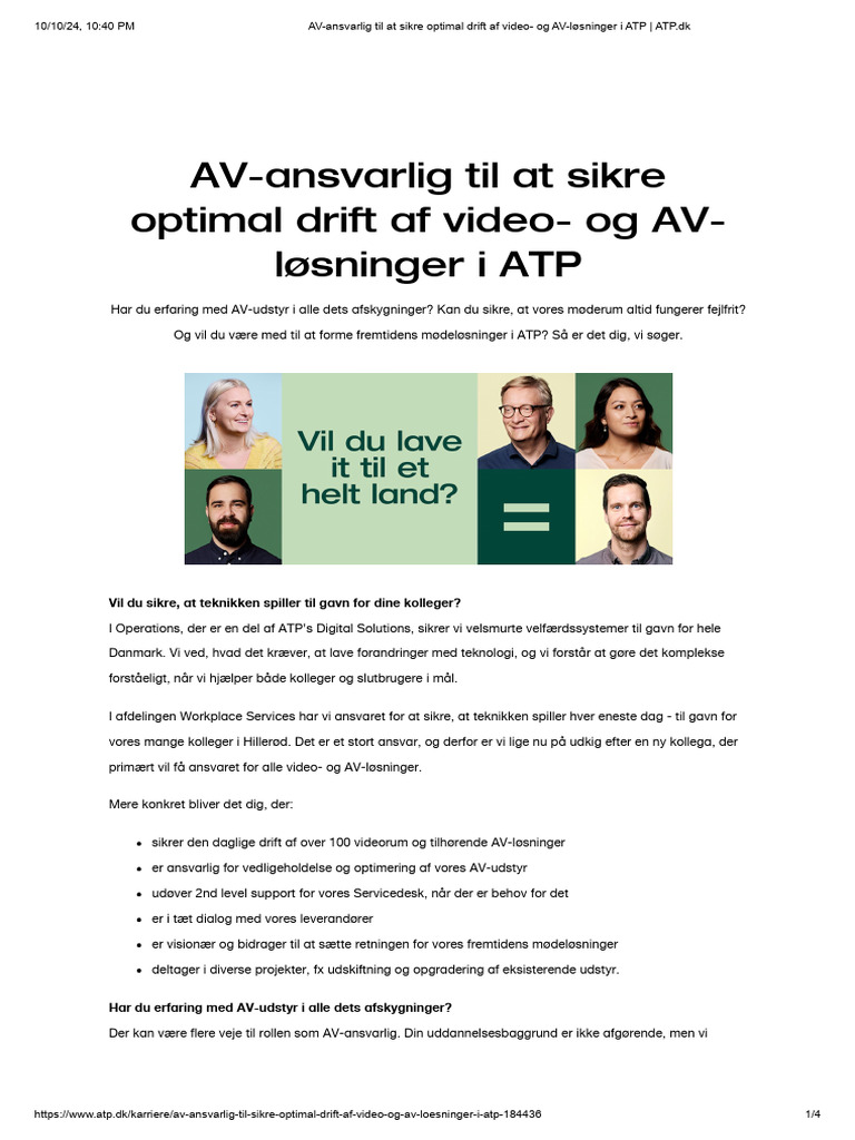 AV-ansvarlig Til at Sikre Optimal Drift Af Video - Og AV-løsninger I ATP - ATP - DK | PDF