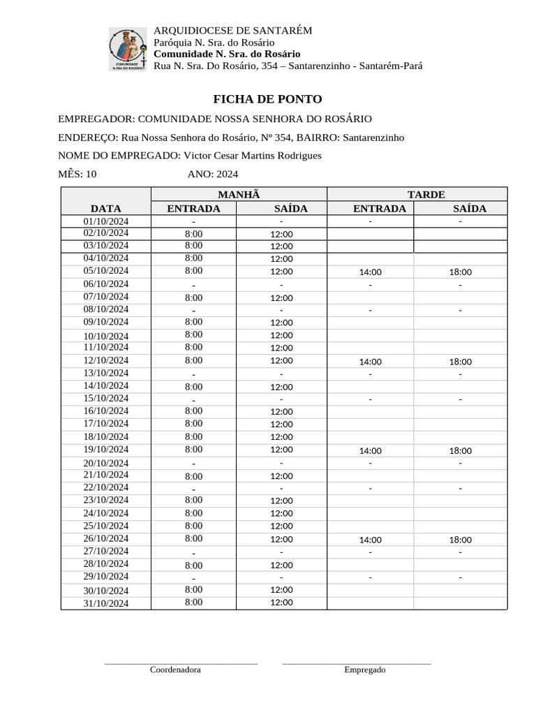 Folha de Ponto[1].Docx Mes 10 | PDF
