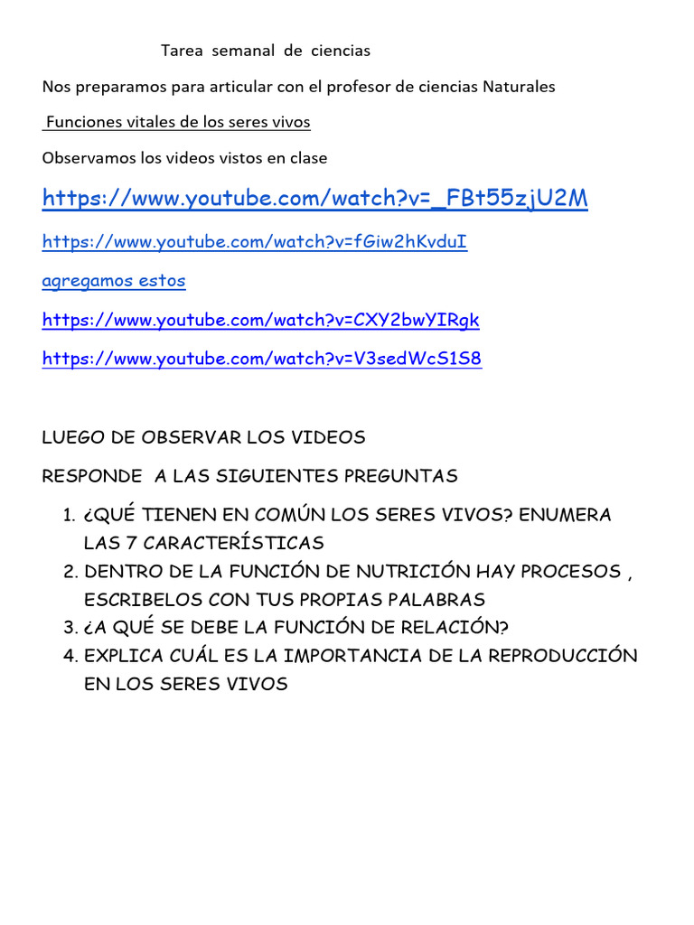 Tarea Semanal de Ciencias Los Seres Vivos (1) | PDF