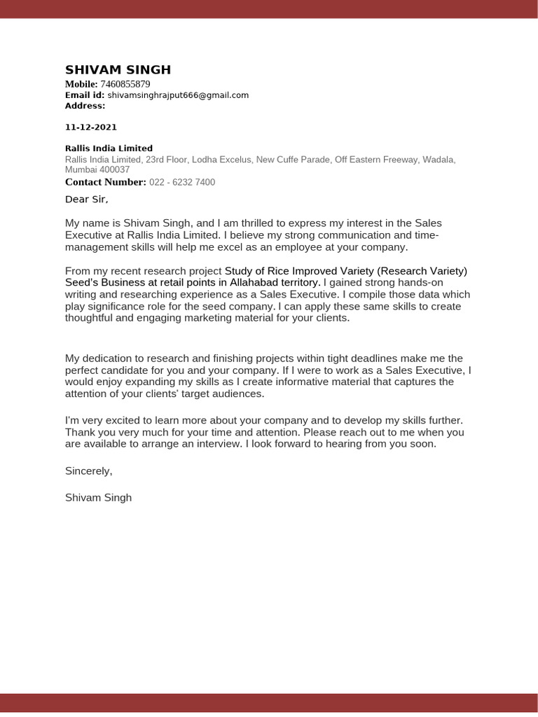 Sales Executive Application Letter | PDF | Career & Growth