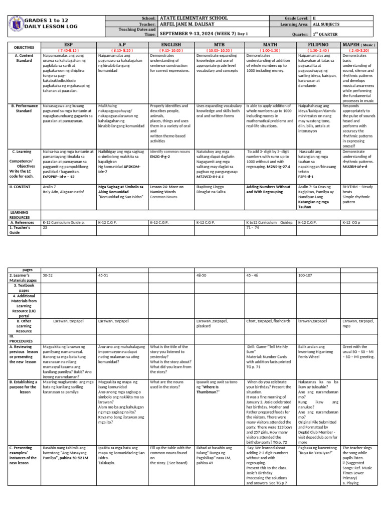 DLL All Subjects 2 q1 w7 d1 | PDF
