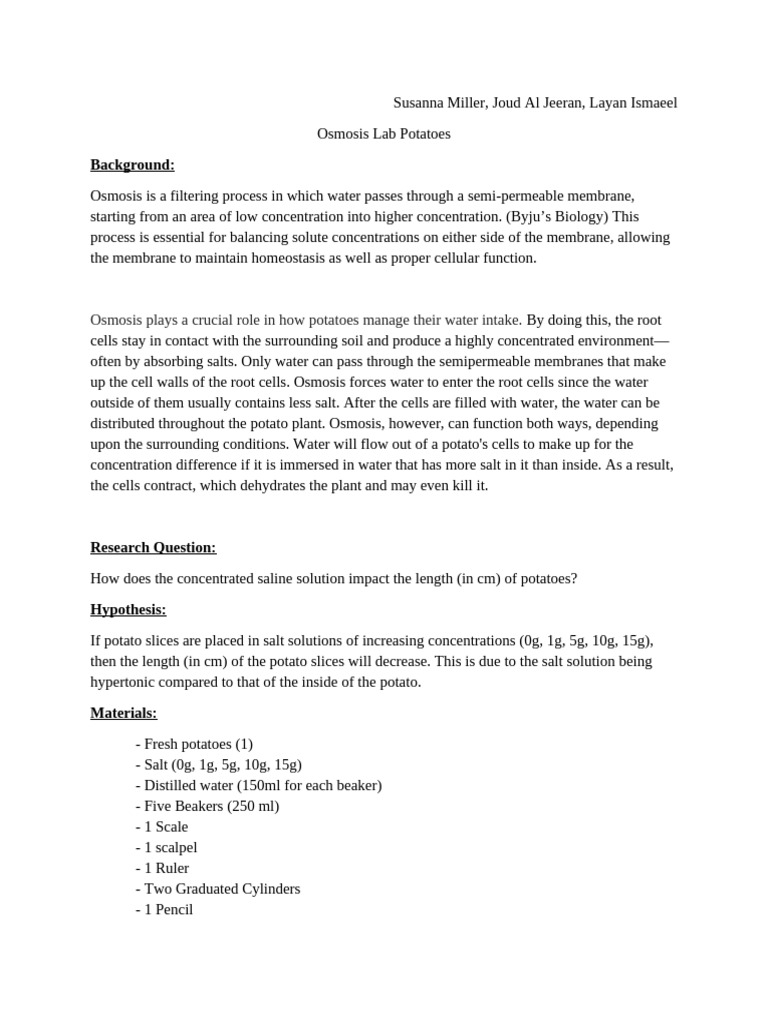 Osmosis Lab Report - Draft (1) | PDF | Osmosis | Observational Error