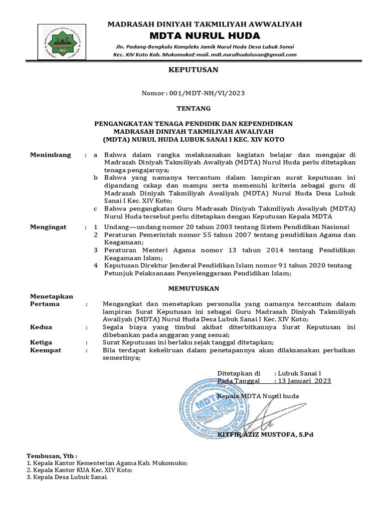 SK Pengangkatan Guru Mdta Nurul Huda | PDF