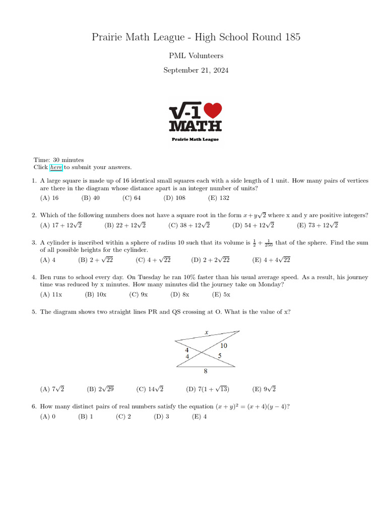 Prairie Math League HS R185 | PDF