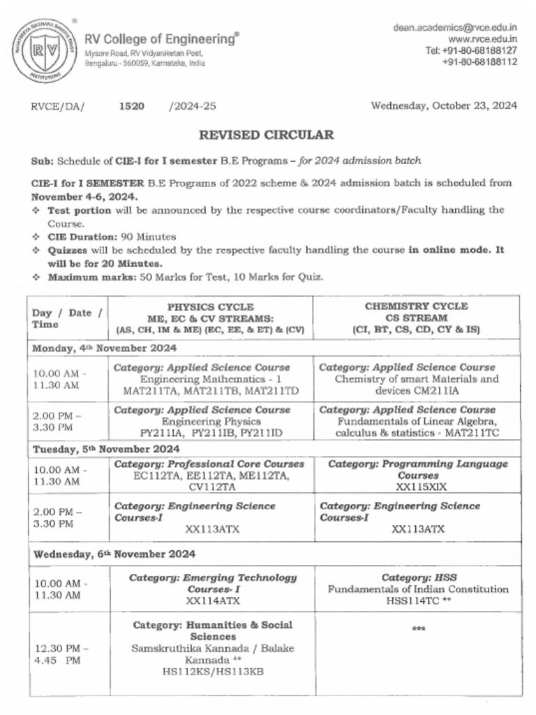CIE-1 Revised Circular I Sem B.E. 2024 Admission | PDF