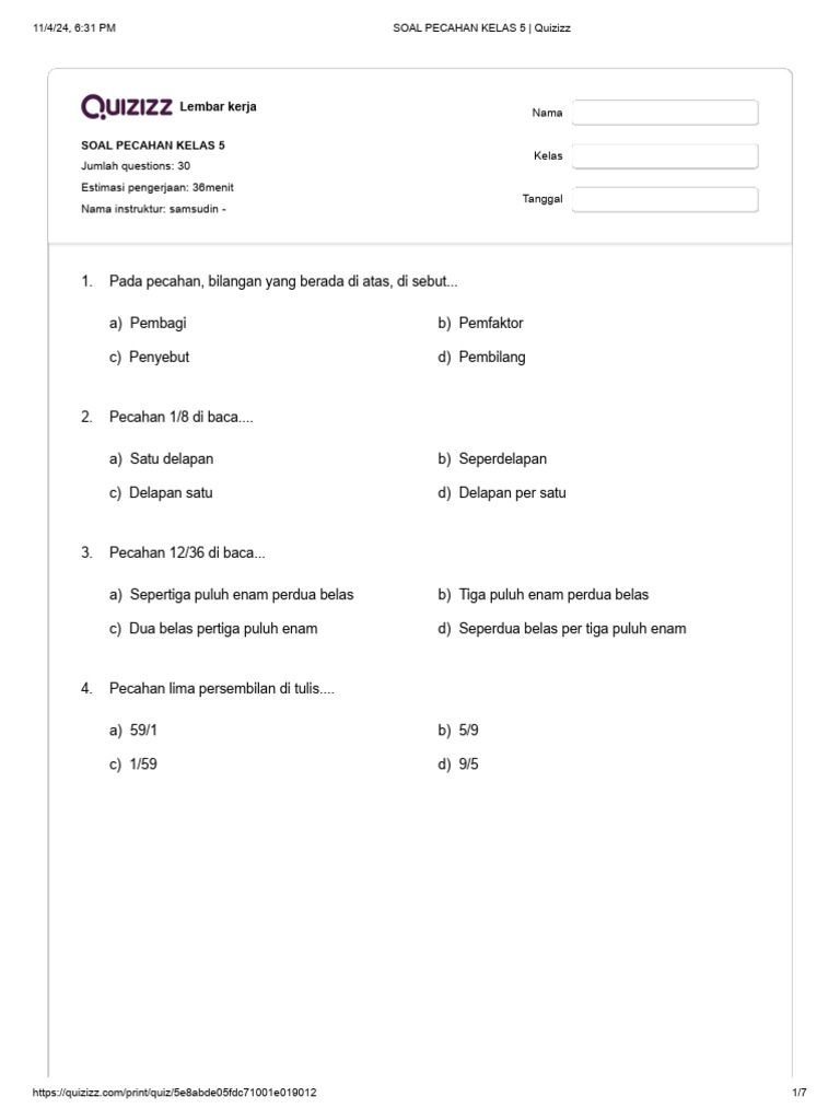 Soal Pecahan Kelas 5 - Quizizzpppp | PDF