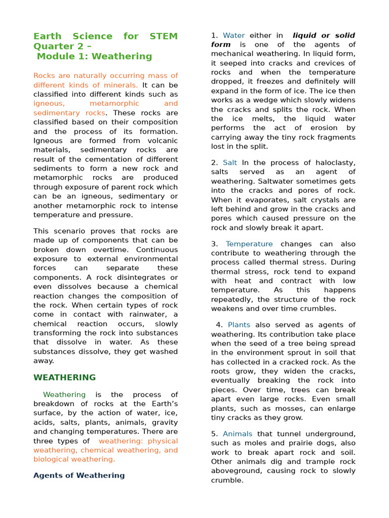 Earth Science 11 M1 Quarter 2 | PDF | Weathering | Rock (Geology)