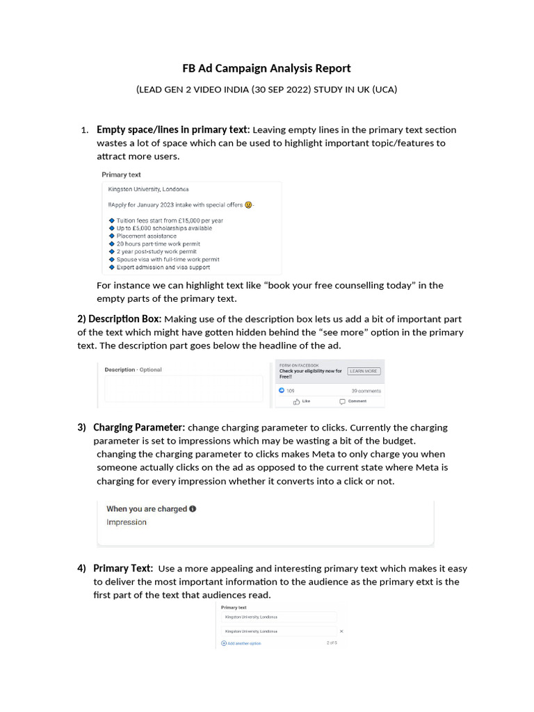 FB Ad Campaign Analysis Report (LEAD GEN (1) VIDEO (INDIA) - COPY) | PDF
