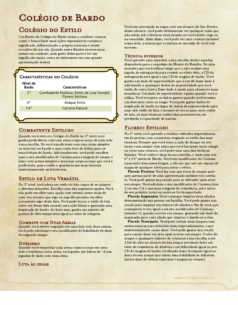 D&D 5E - Classe Bardo Colégio Do Estilo | PDF