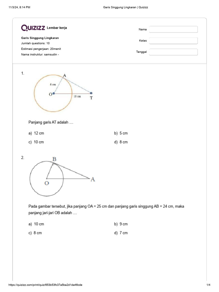 Garis Singgung Lingkaran - Quizizz,,,,,,,,,,,m | PDF | Metode & Bahan Ajar | Seni
