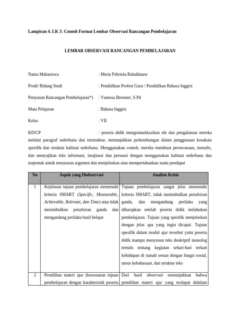 Lampiran 4. LK 3 Contoh Format Lembar Observasi Rancangan Pembelajaran ...