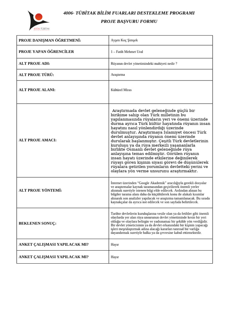 Tubitak Bilim Proje Basvuru Formu | PDF