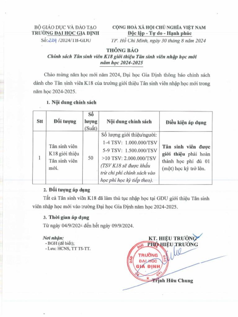 Chinh Sach Tan Sinh Vien k18 Gioi Thieu Sinh Vien Moi Nam Hoc 2024-2025 | PDF
