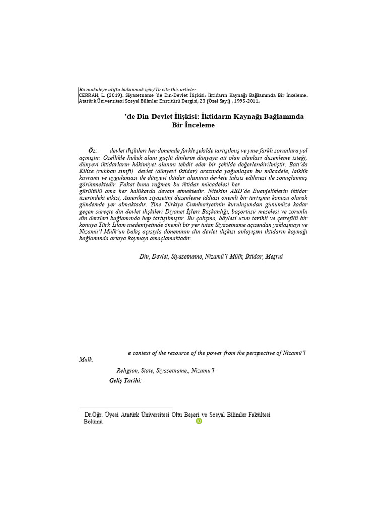 Siyasetname de Din-Devlet Li Kisi Ktidar N Kayna Ba Lam Nda Bir Nceleme (#616722) - 927450 | PDF