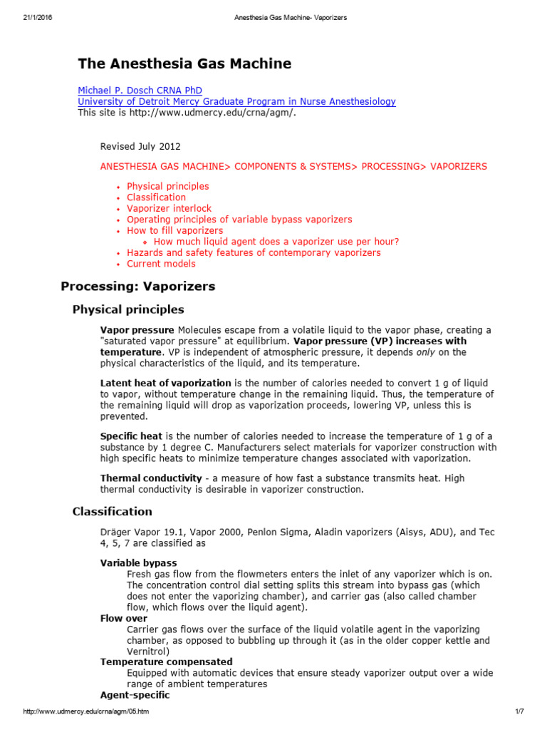 Vaporizer Anesthesia Overview | PDF | Liquids | Gases