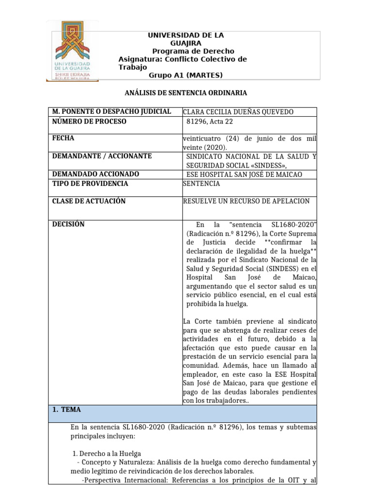 Ficha Jurisprudencial SENTENCIA SL 1680-2020 | PDF | Derecho laboral | Caso de ley
