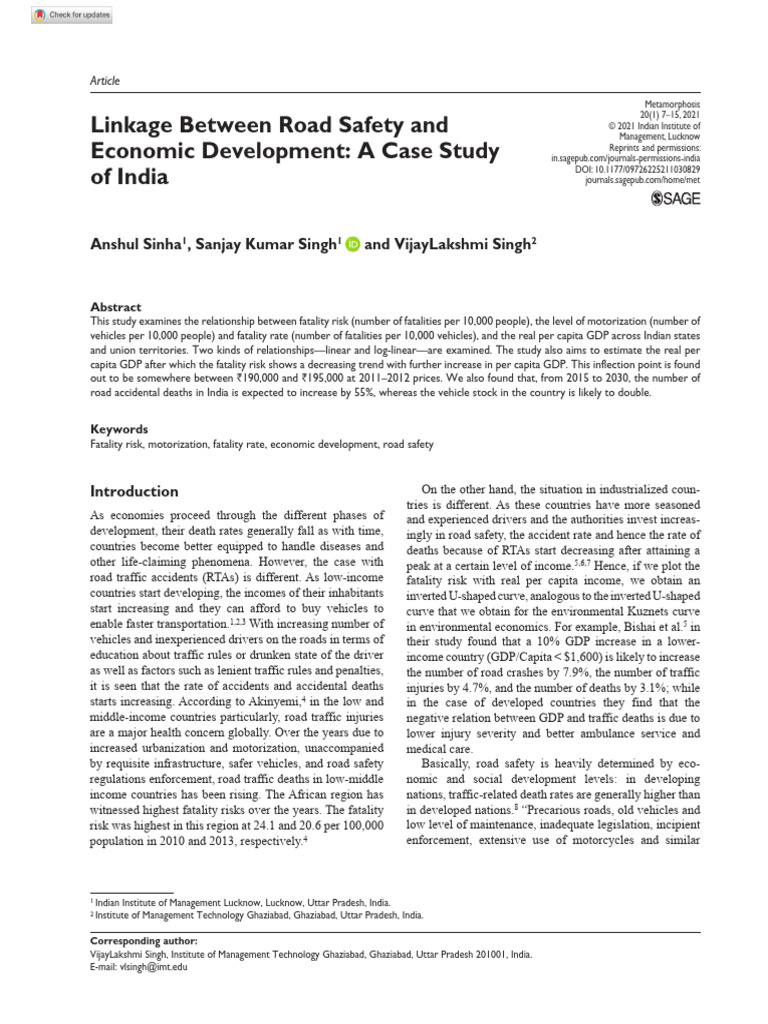 Sinha Et Al 2021 Linkage Between Road Safety and Economic Development A ...