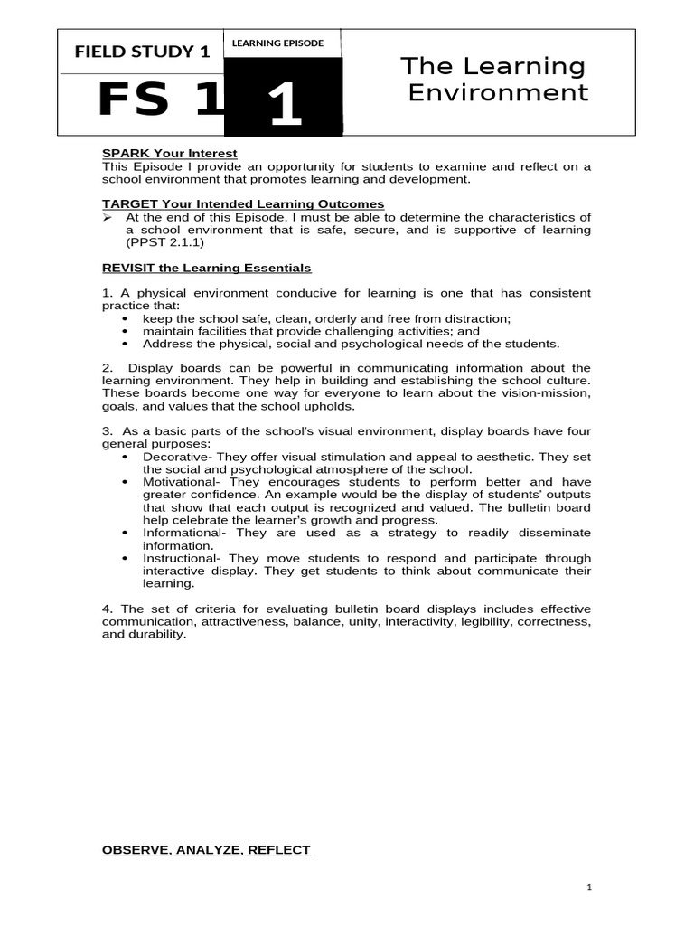 FS 1 Learning Episode 1 | PDF | Learning | Classroom