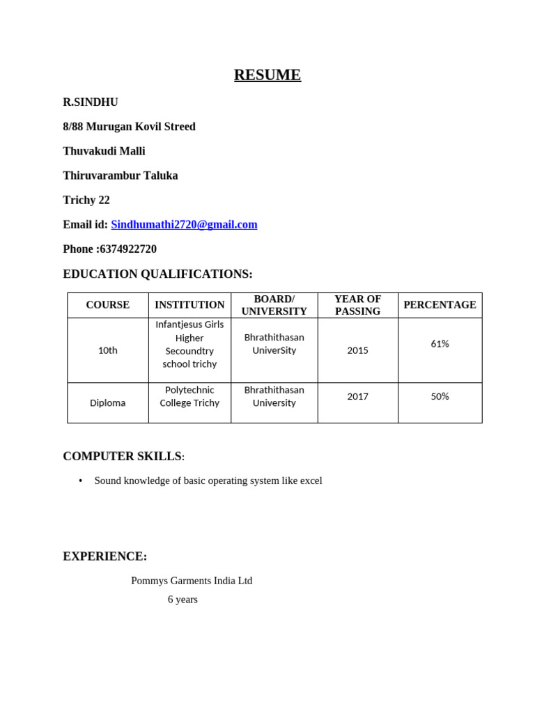 SINDHU RESUME | PDF
