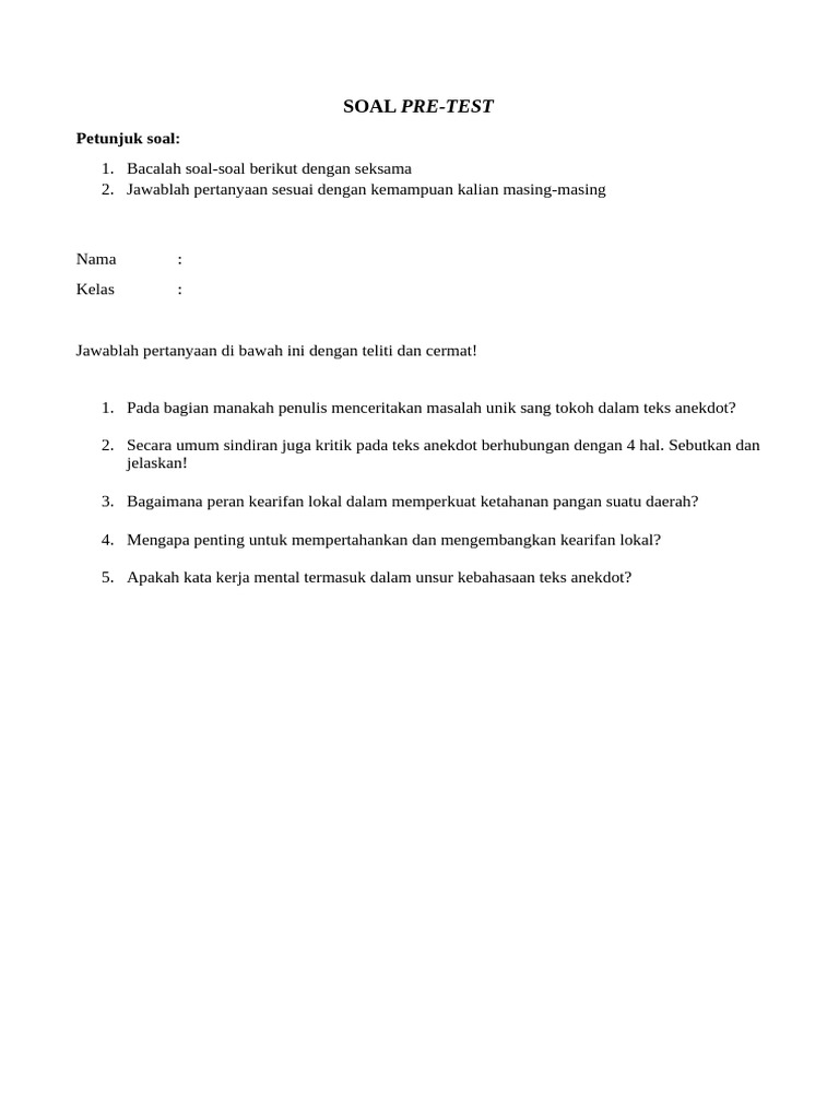 Soal Pre Test Dan Post Test | PDF | Fiksi Umum