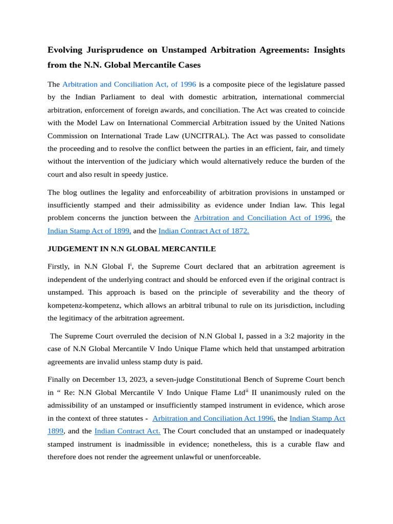 Evolving Jurisprudence On Unstamped Arbitration Agreements | PDF | Arbitration | Alternative ...