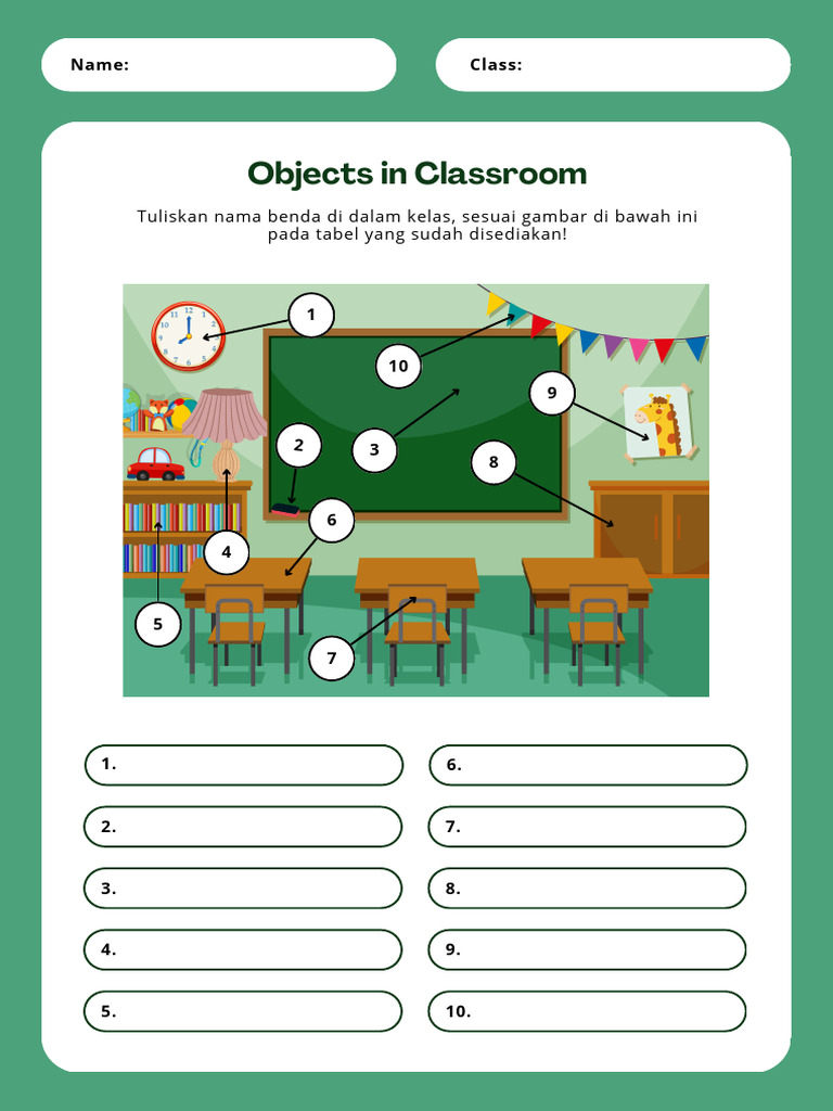 Mengenal Benda Di Dalam Kelas Lembar Kerja Sederhana Hijau Illustratif ...