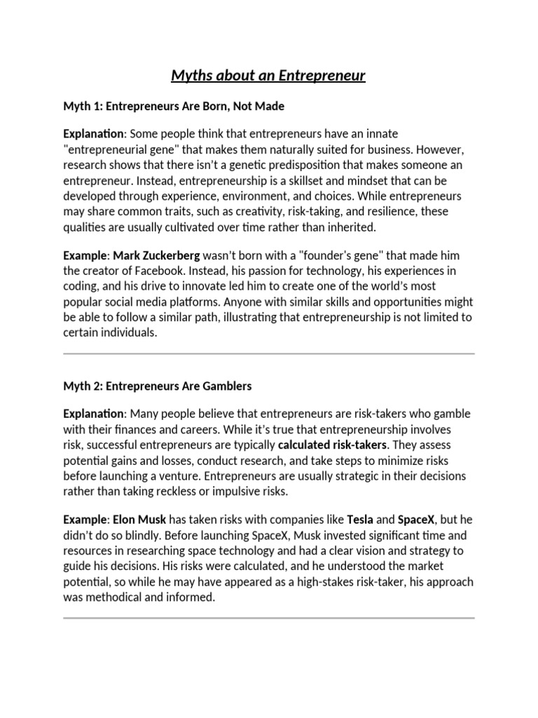 Myths About An Entrepreneur Pdf Entrepreneurship Cognition