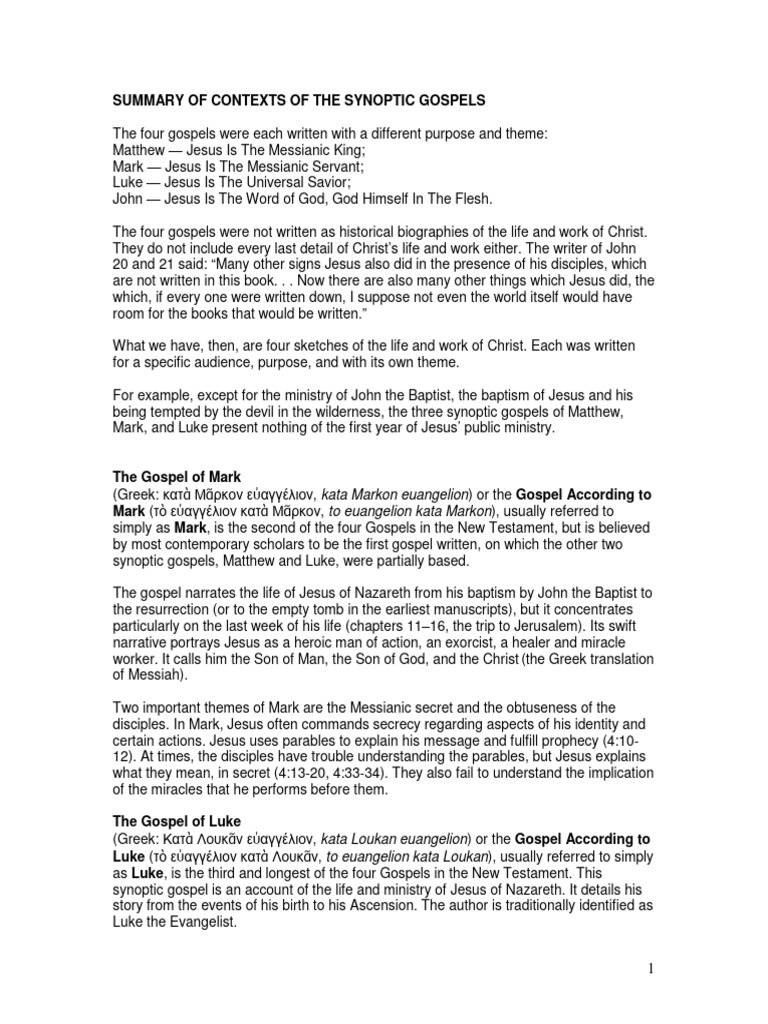Overview of the Synoptic Gospels | PDF | Jesus | Gospels