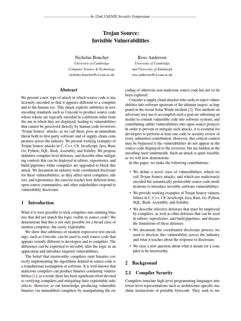 Trojan Source: Invisible Vulnerabilities | PDF | String (Computer Science) | Character Encoding