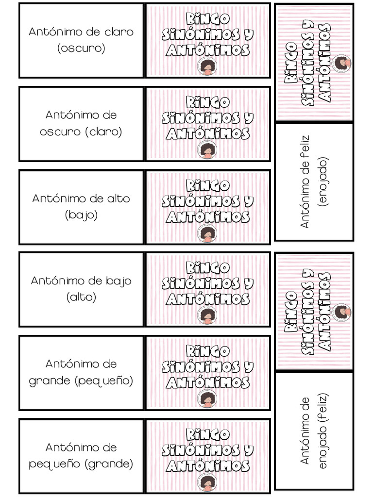 Bingo Sinónimos y Antónimos | PDF | Semántica léxica | Lexicología