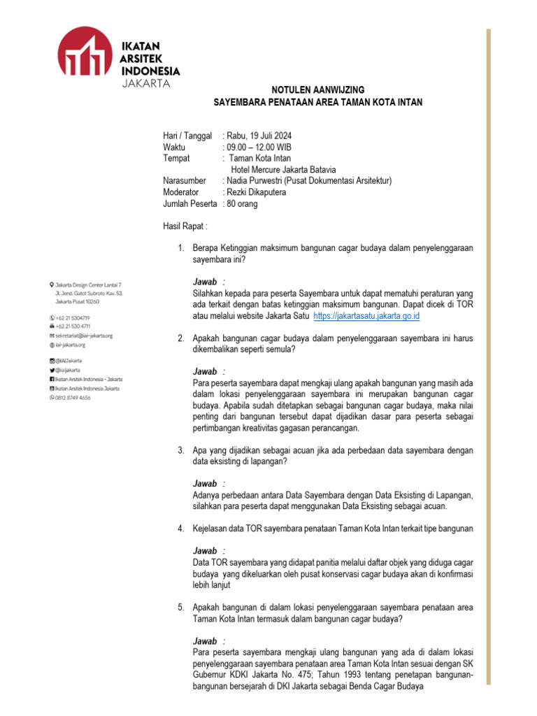 IAI Jakarta - Notulen Aanwijzing Sayembara Area Taman Kota Intan | PDF ...