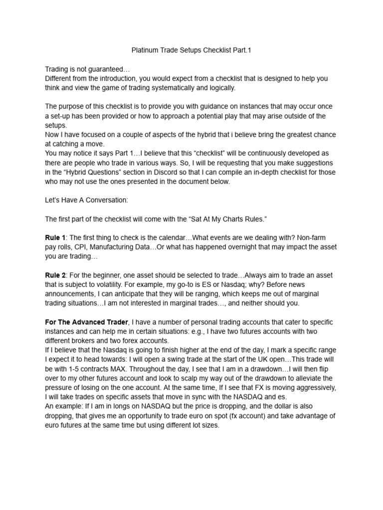 Platinum Trade Setups Checklist Part 1 | PDF | Futures Contract ...