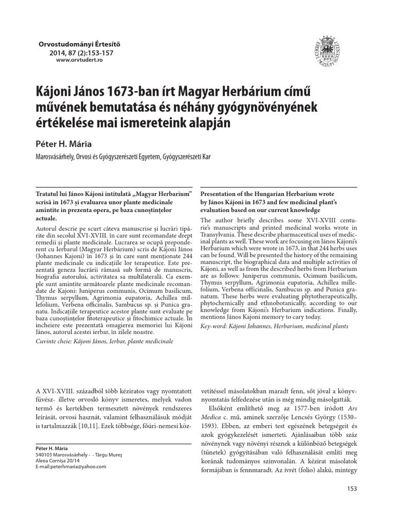 Kájoni János 1673 Ban Írt Magyar Herbárium Című Művének Bemutatása És ...