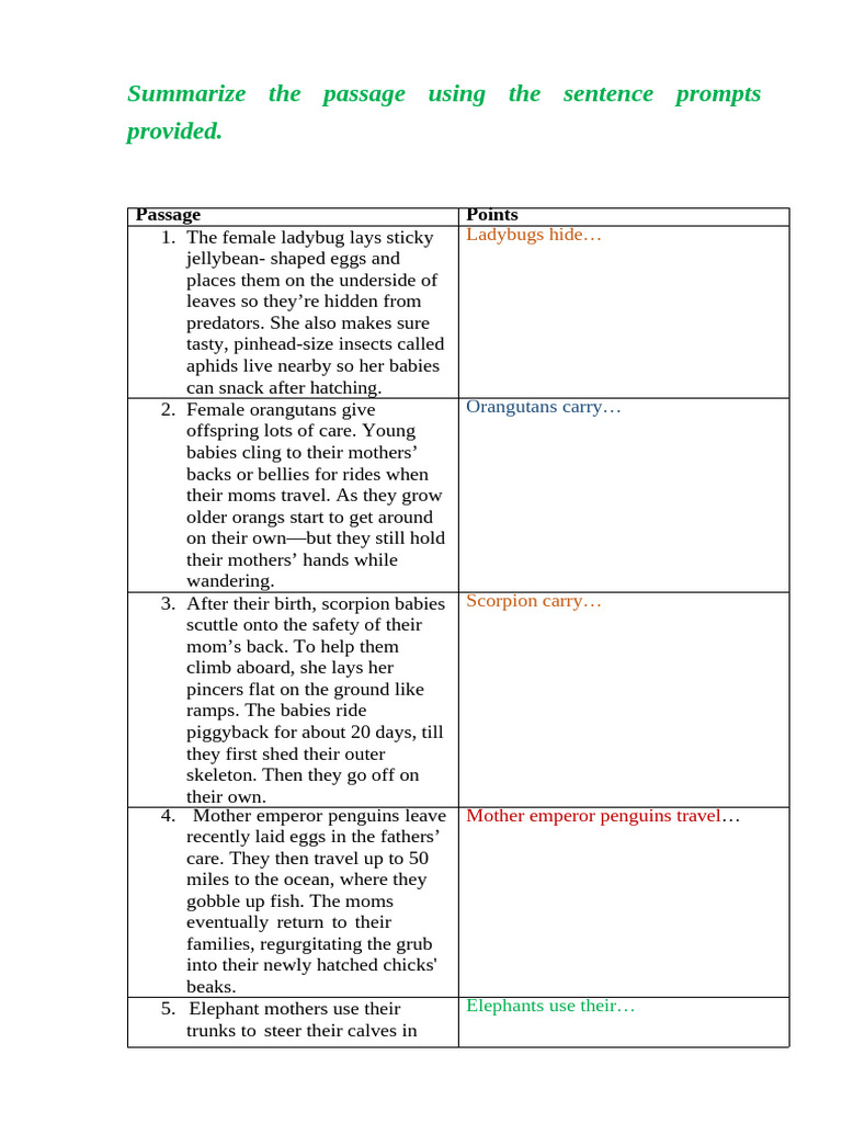 Summarize the passage using the sentence prompts provided | PDF ...