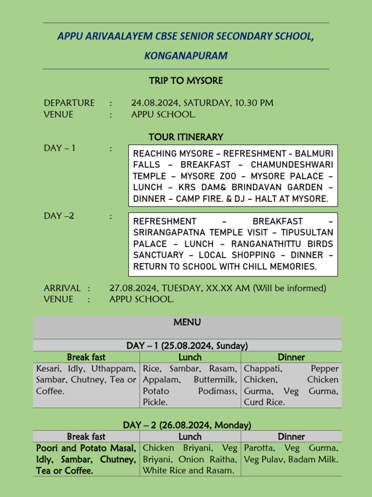 Mysore Trip Instruction | PDF | Cuisine | Foods