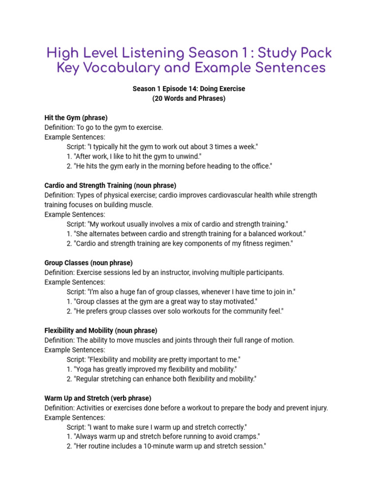 S1 E14 Vocabulary Sentences | PDF | Strength Training | Flexibility (Anatomy)