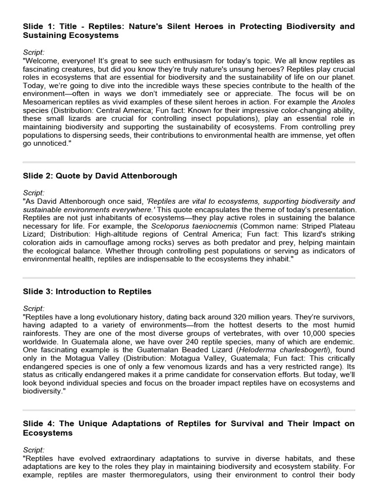 Reptiles Nature's Heroes Script | PDF | Predation | Conservation Biology